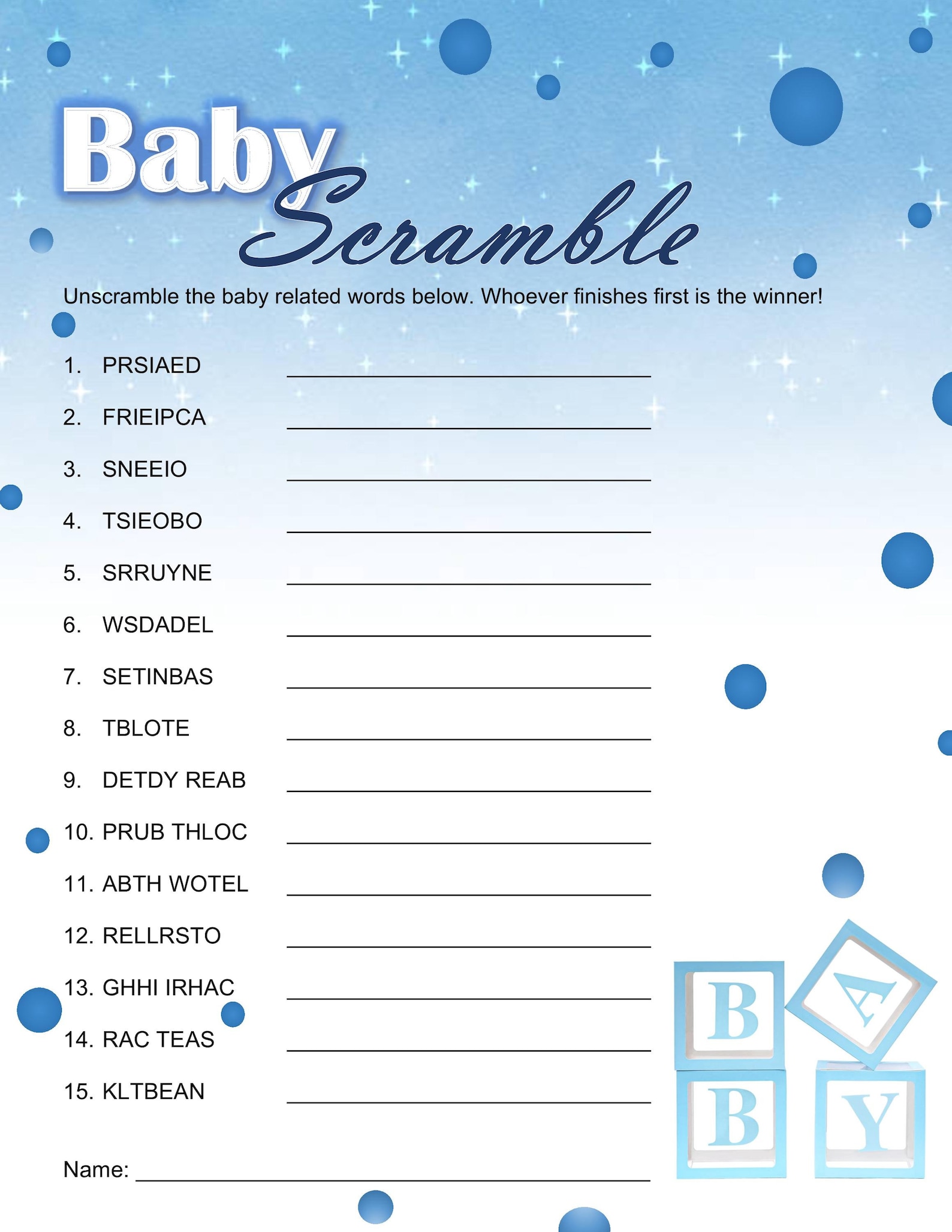 Baby Shower Scramble Game blue digital Download - Etsy