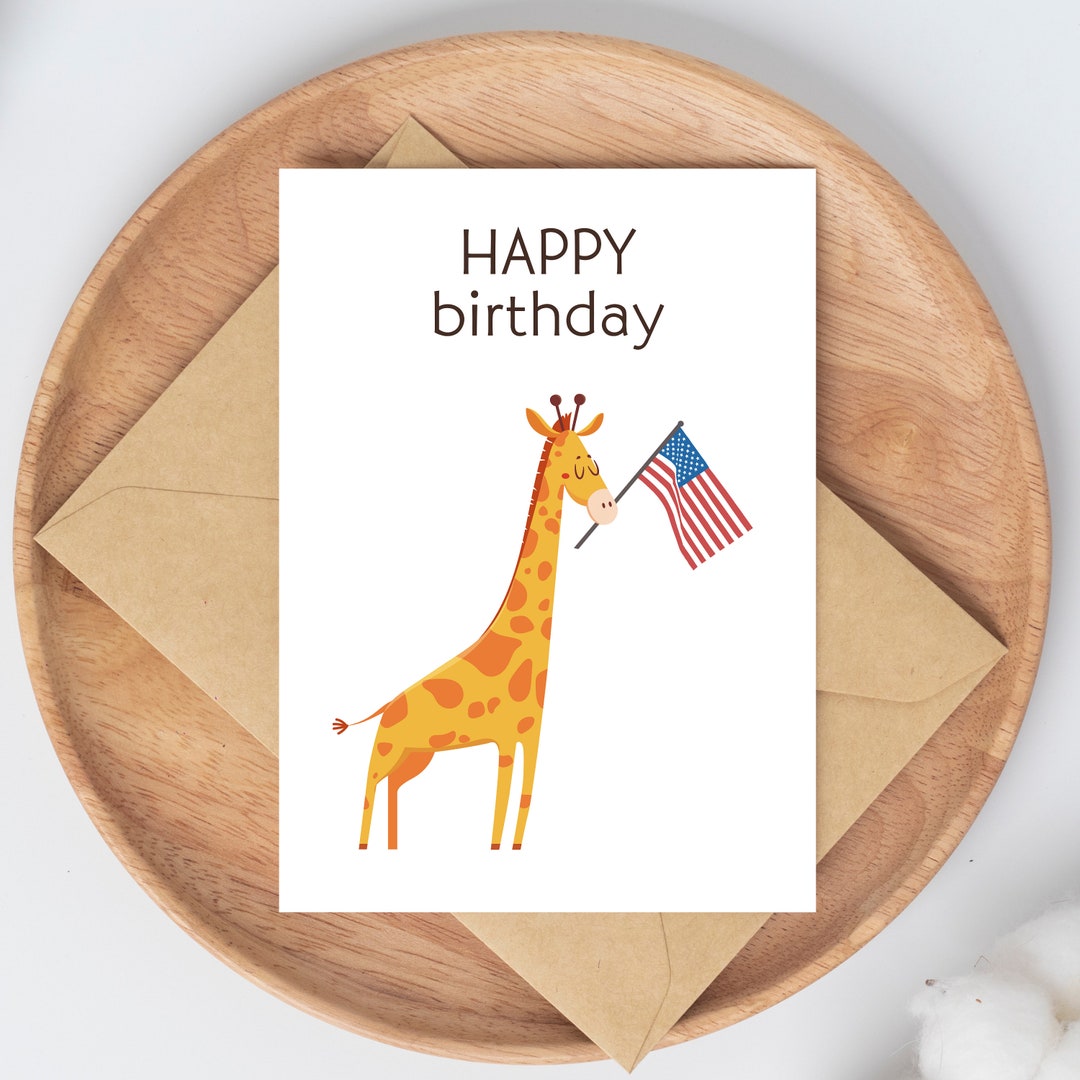 Printable USA Birthday Card Happy Birthday With USA Flag and Giraffe ...
