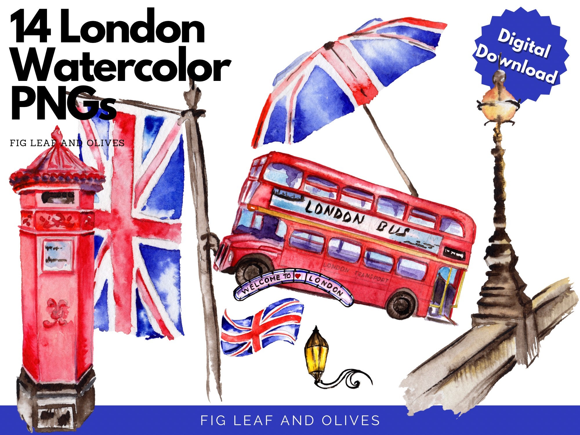 London in Watercolor, Digital Stickers PNG, Stickers for Digital ...
