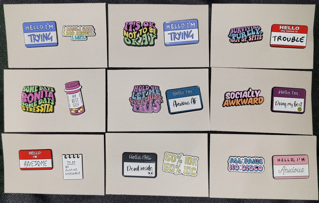 Funny Enamel Pin Sets - Social Anxiety, Awkward, Introvert, Name Tags ...