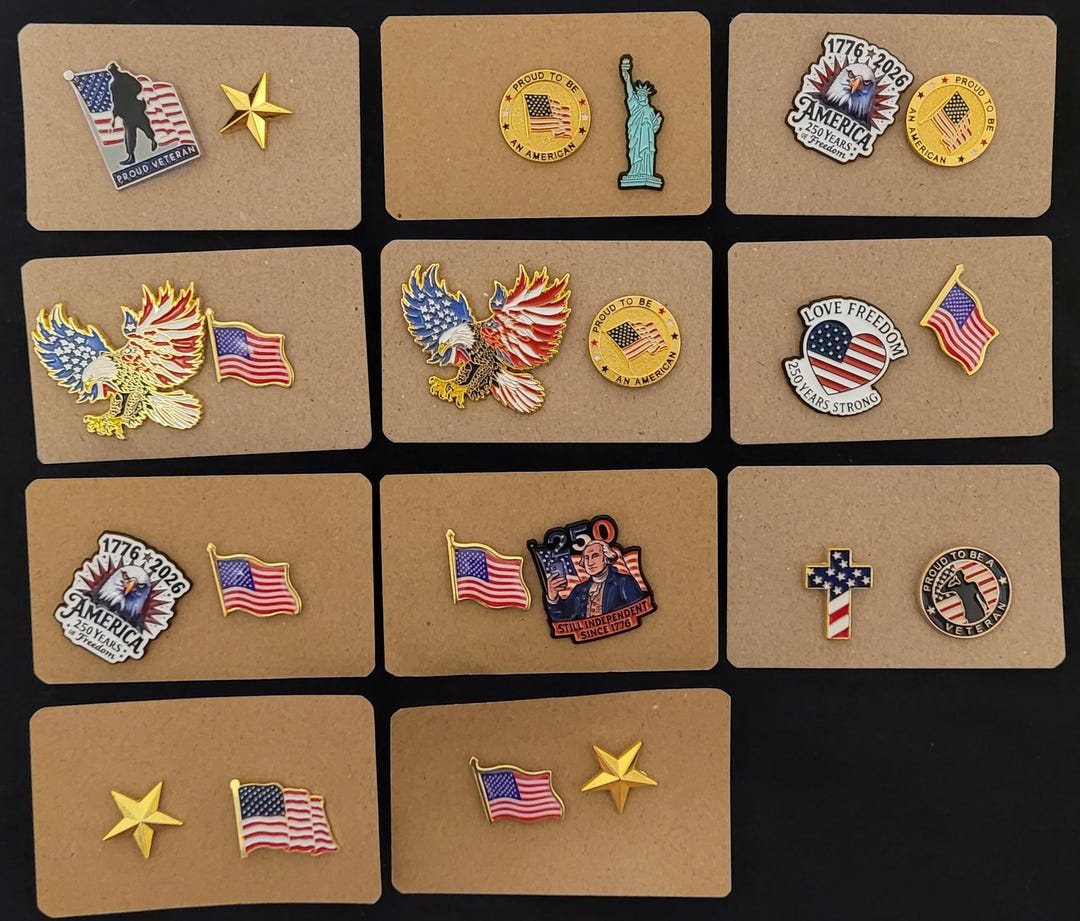 American Enamel Pin Sets- USA, Veterans, Flag, Eagle, Liberty, Stars ...
