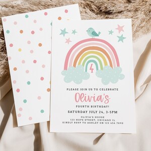 Editable Rainbow Fourth Birthday Invitation Template Printable Girls ...