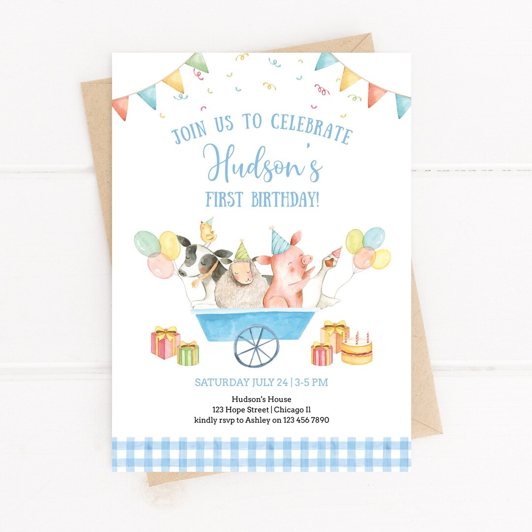 Blue Farm Animals Boy 1st Birthday Invitation Template Barnyard First ...