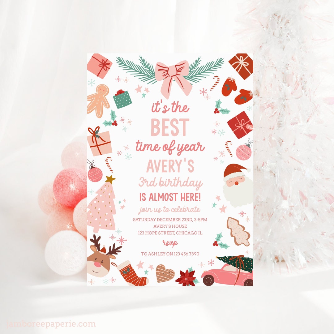 Pink Christmas Birthday Party Invite Printable Girl Winter Holiday ...