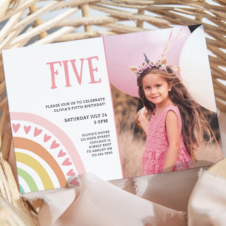Editable Rainbow Fifth Birthday Photo Invitation Template - Etsy