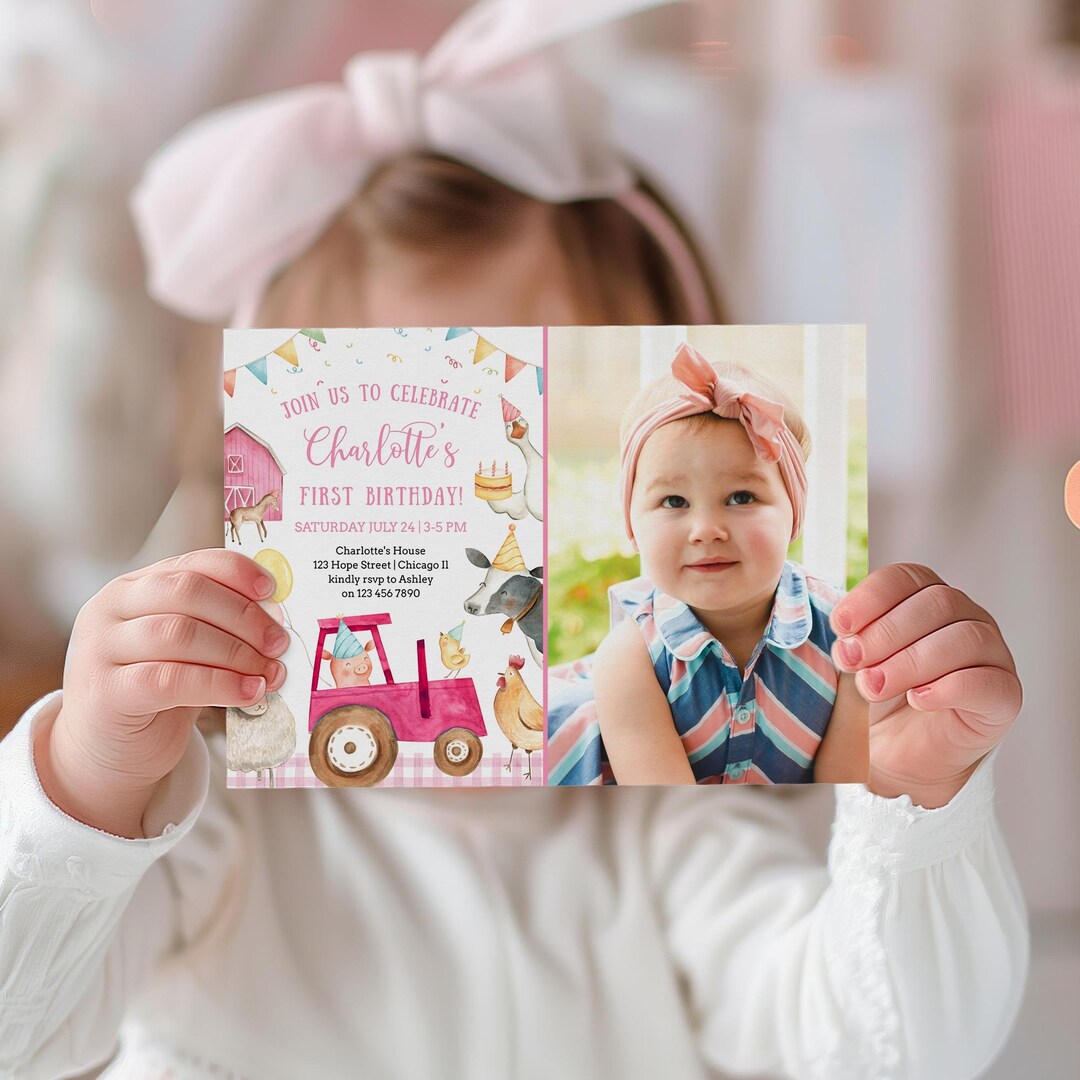 Printable Pink Tractor Farmyard First Birthday Party Photo Invitation ...