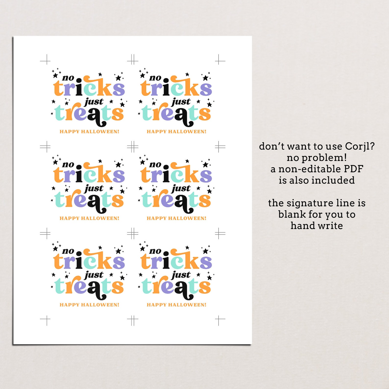 Printable No Tricks Just Treats Tag Happy Halloween Treat Party Bag Tag ...