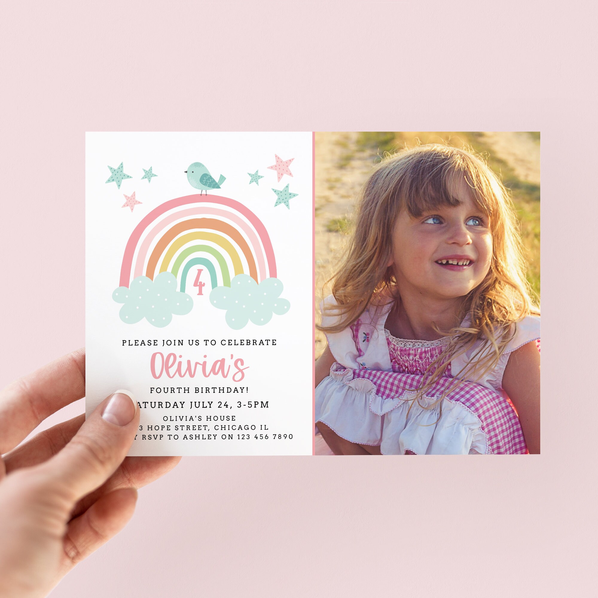 Editable Rainbow Fourth Birthday Photo Invitation Template - Etsy