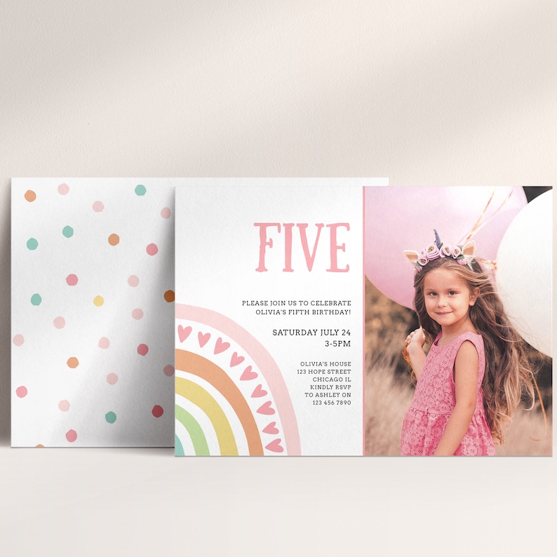 Editable Rainbow Fifth Birthday Photo Invitation Template - Etsy