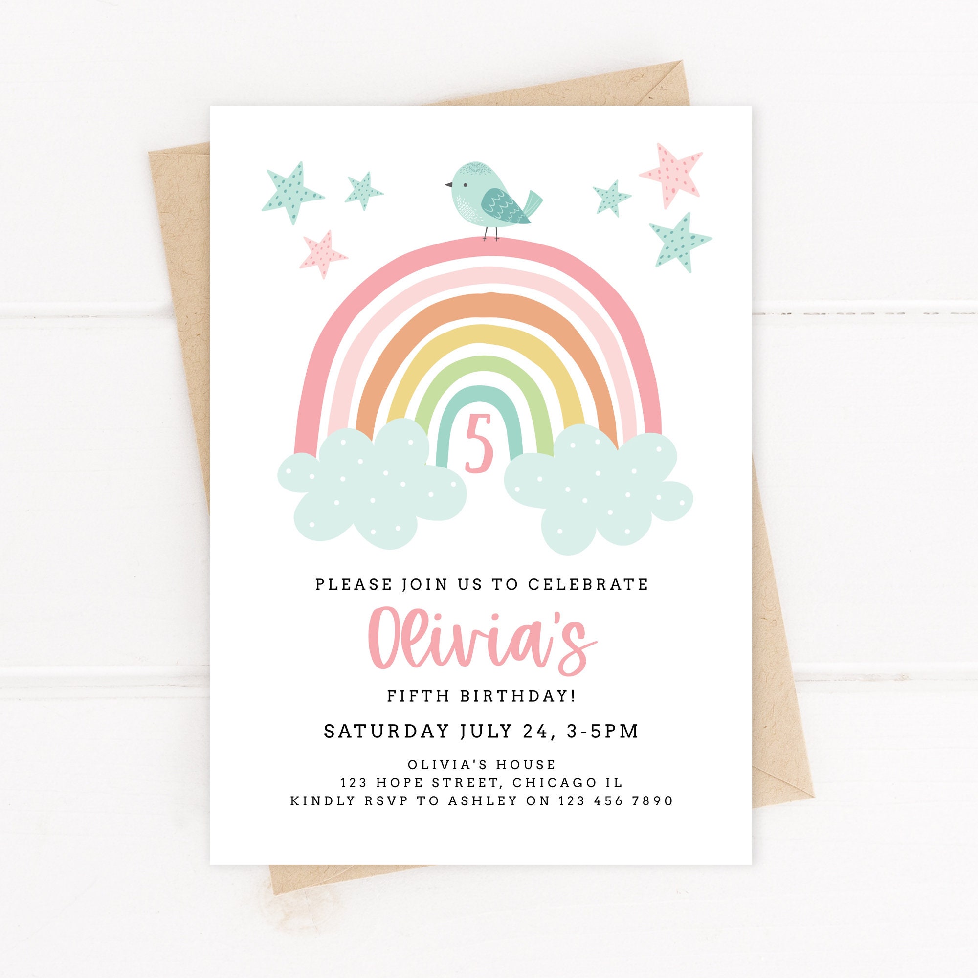 Rainbow Fifth Birthday Invitation Template Printable Girls Modern Boho ...