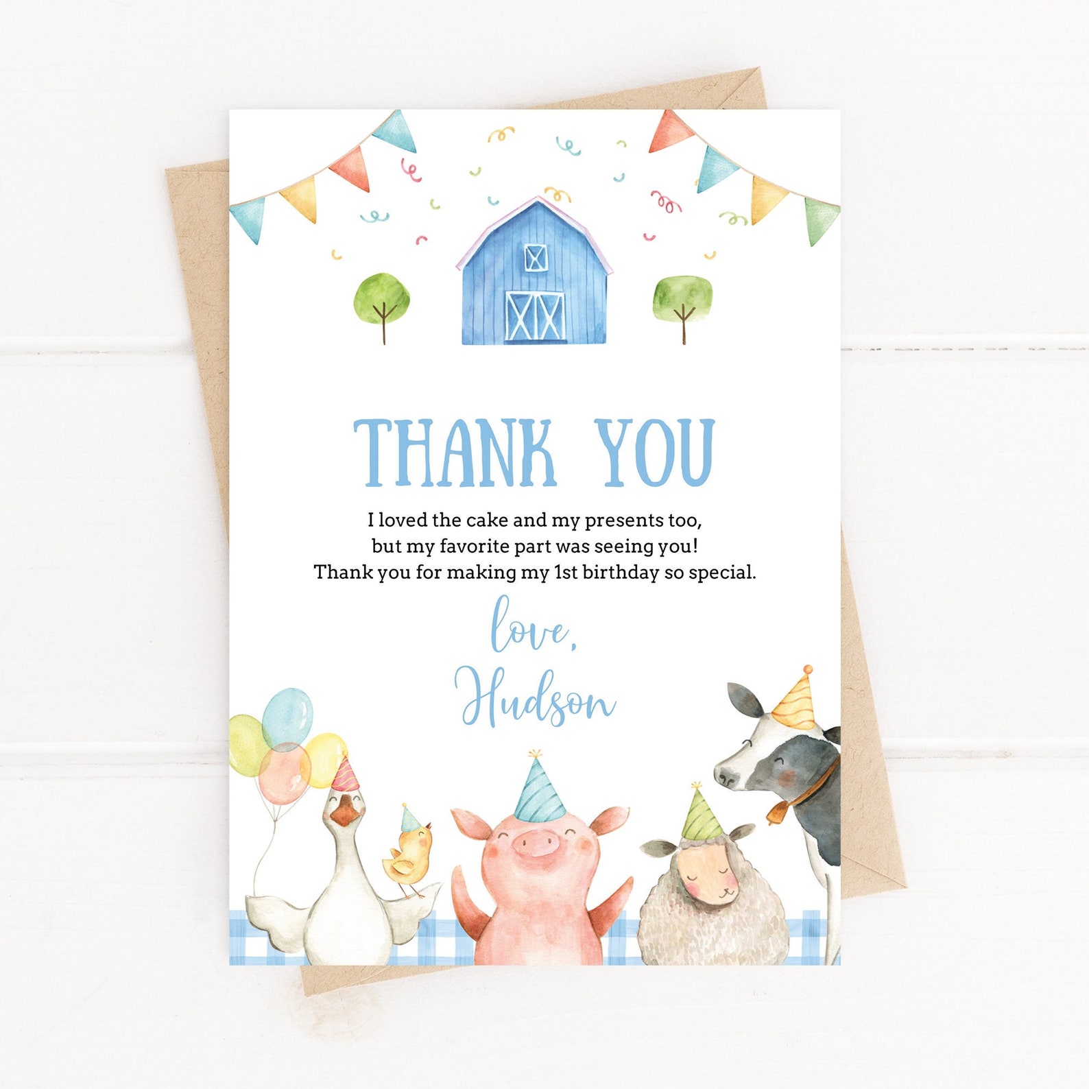 Editable Farm Animals Thank You Card Template Pintable Barnyard Blue ...