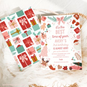 Pink Christmas Birthday Party Invite Printable Girl Winter Holiday ...