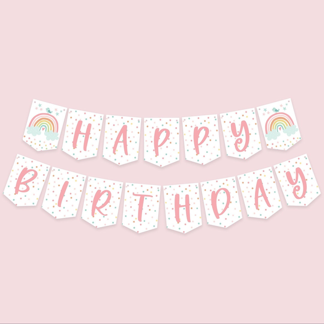 Printable Rainbow Happy Birthday Banner Boho Modern Rainbow Girl Cute ...