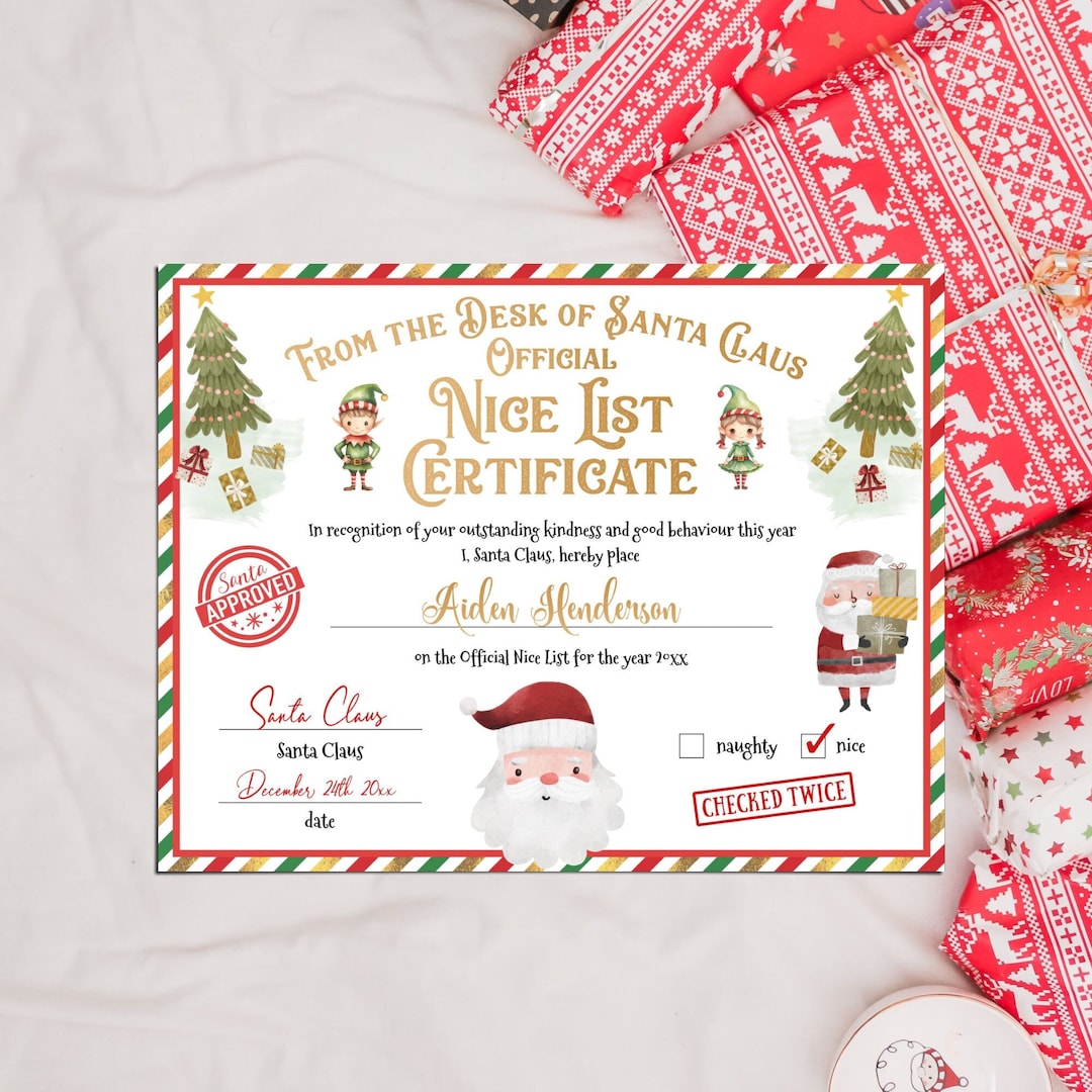 Editable Nice List Certificate Printable Letter From the Desk of Santa ...