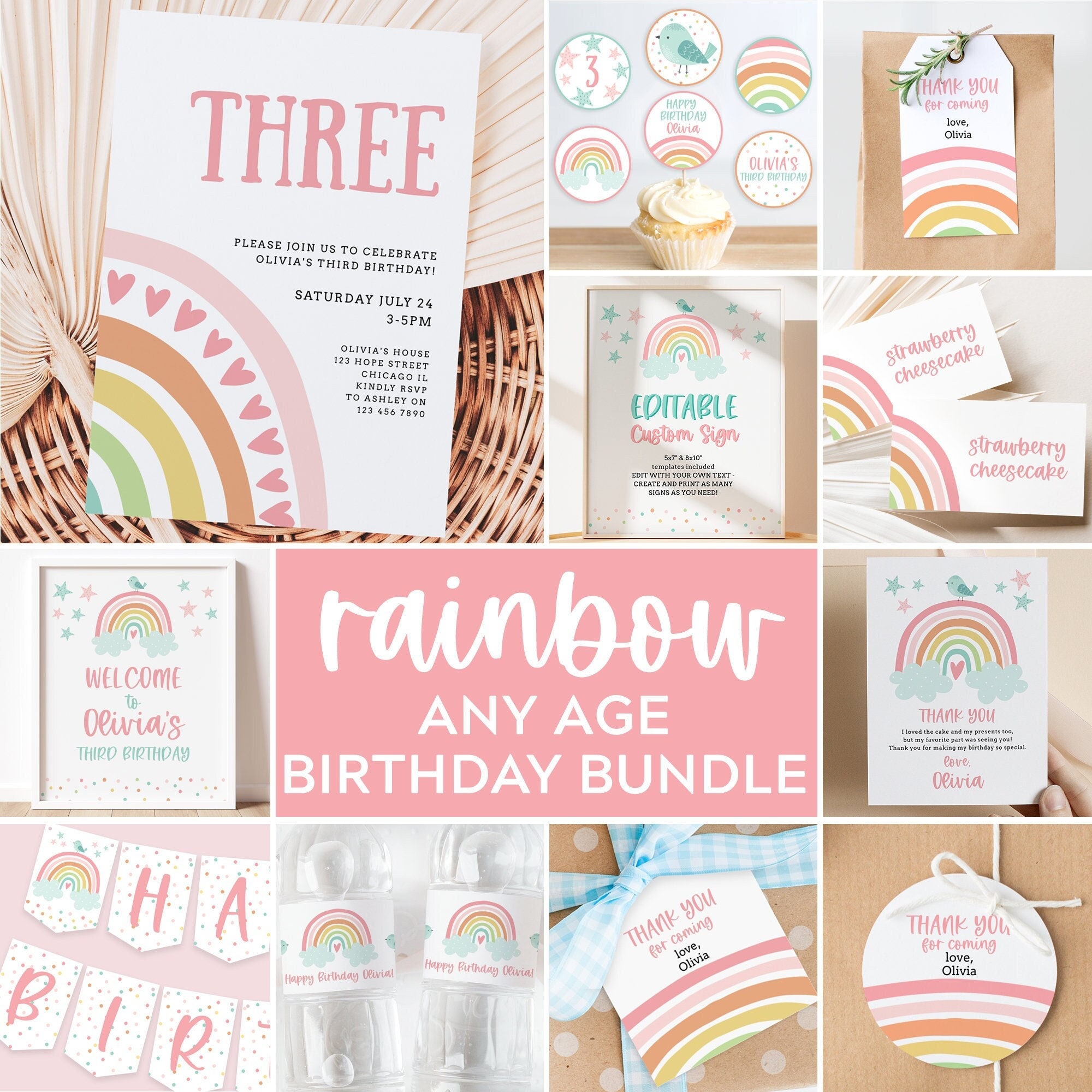 Rainbow Birthday Invitation Bundle Templates, Printable Boho Modern ...