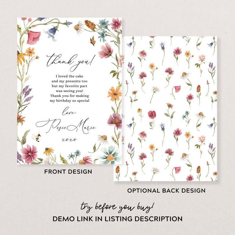 Wildflower 1st Birthday Thank You Card Template, Printable Our Little ...
