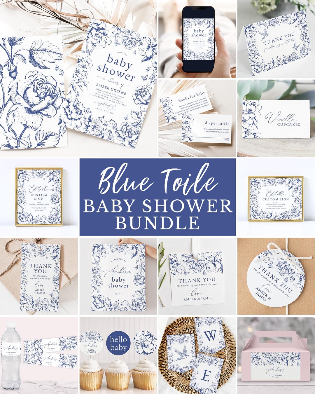 Dusty Blue Toile De Jouy Baby Shower Bundle Templates, Editable ...