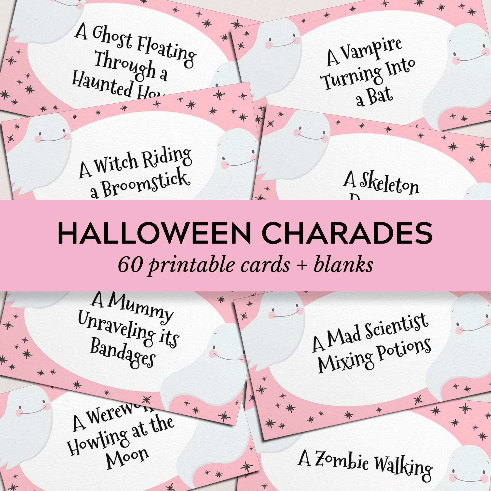 Printable Halloween Charades Cards, Pink Halloween Spooky Charades Game ...