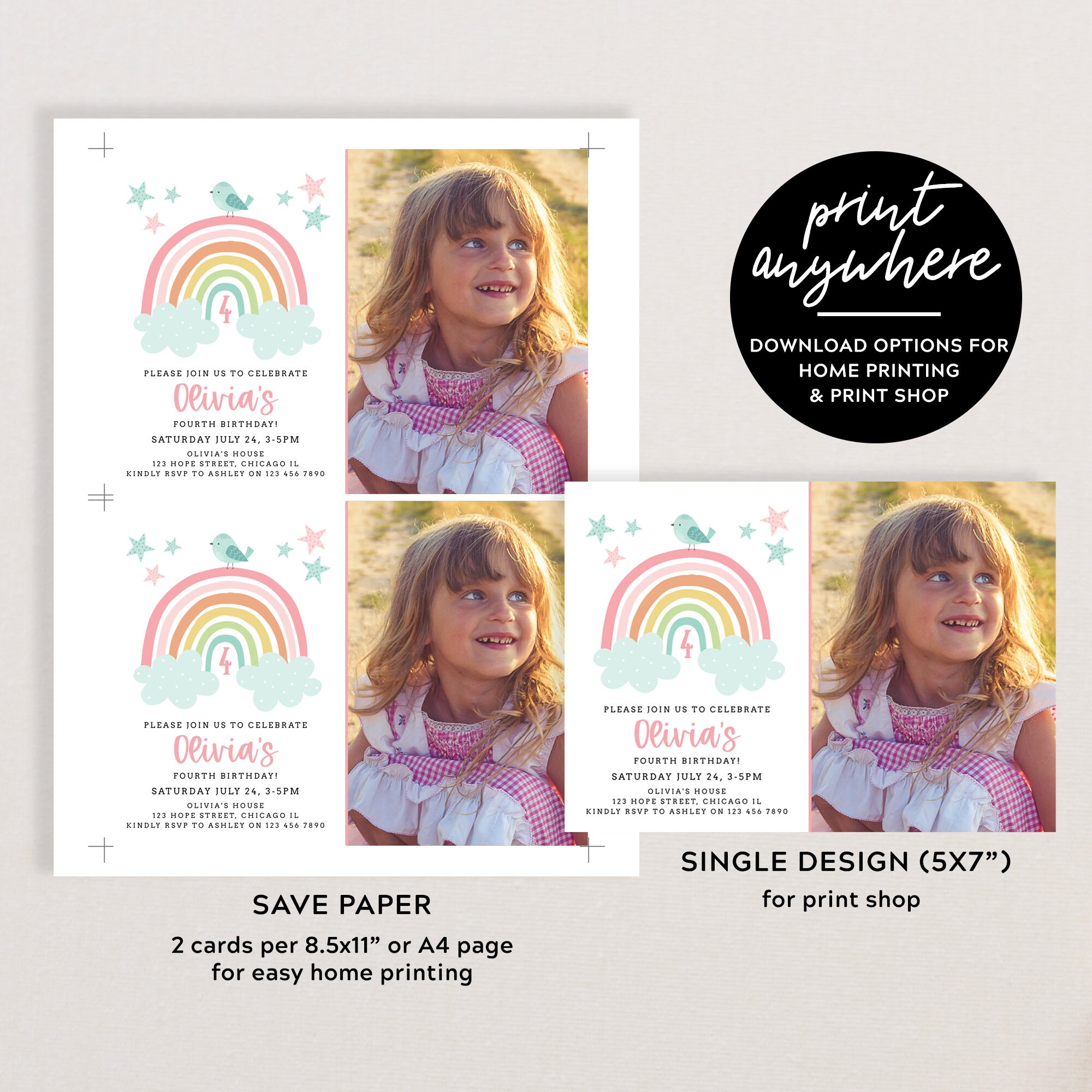 Editable Rainbow Fourth Birthday Photo Invitation Template - Etsy