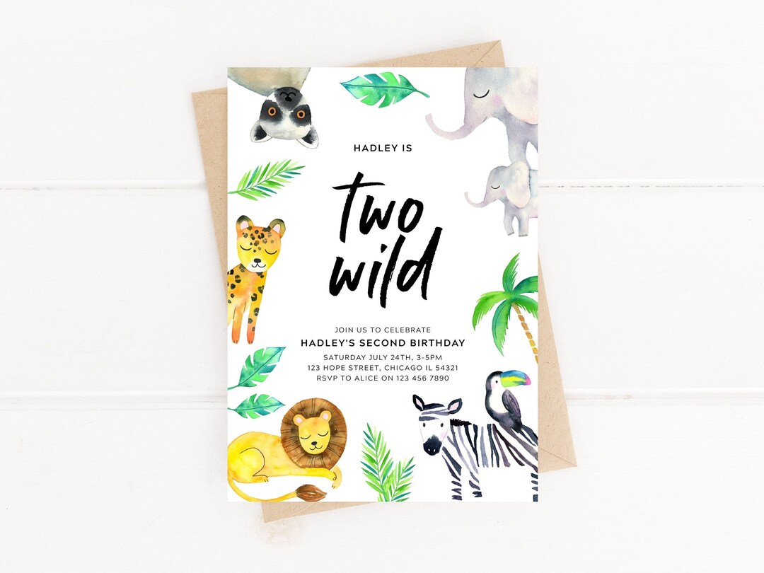 Two Wild Invitation Template, Printable Watercolor Safari Animals ...