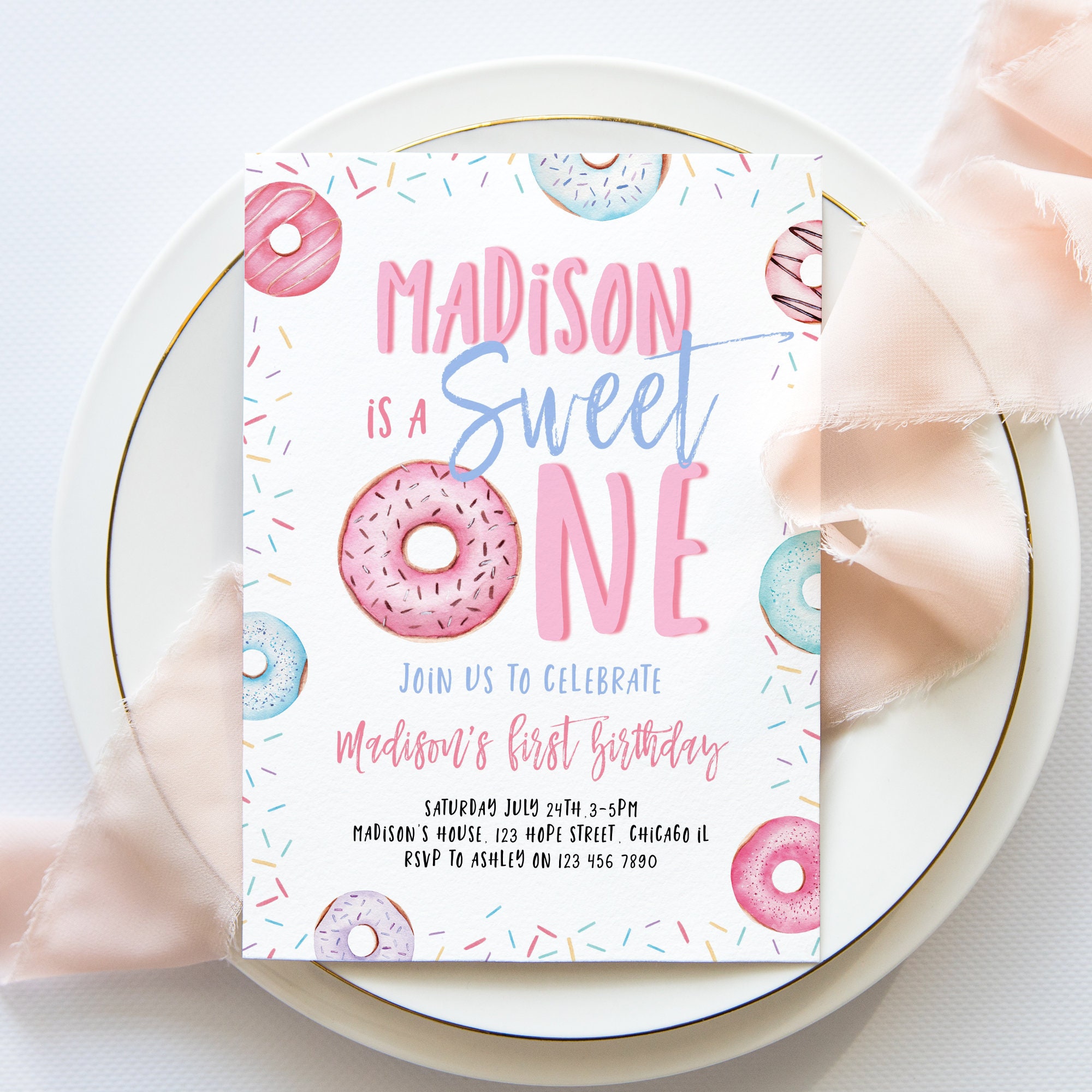 Donut 1st Birthday Party Invitation Template, Printable Sweet One Baby ...