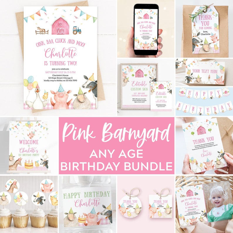 Pink Barnyard Birthday Invitation Bundle Girl Farm Animals - Etsy
