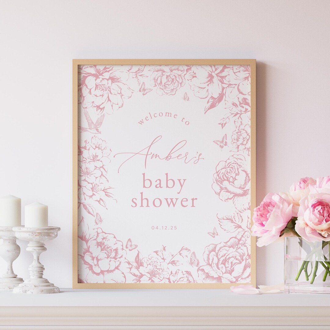 Pink Toile De Jouy Baby Shower Welcome Sign Template, Printable Grand ...