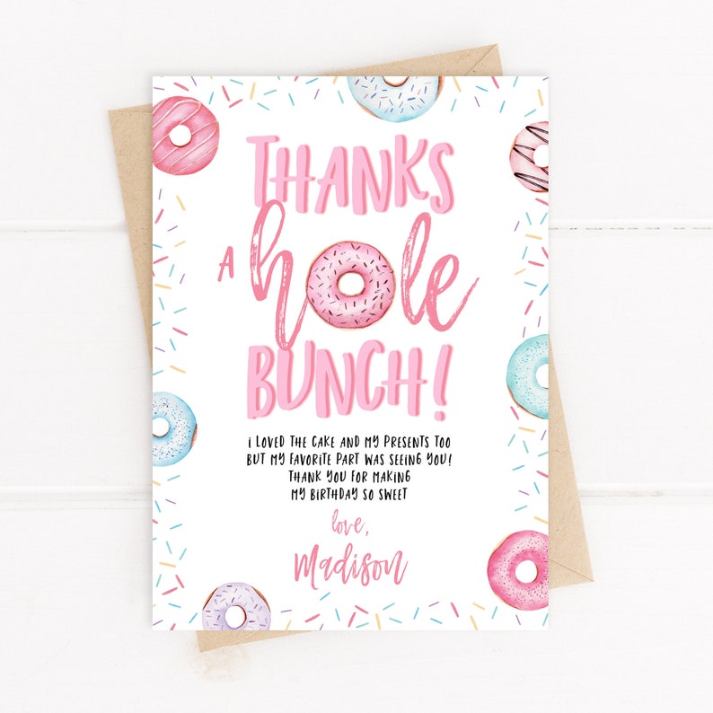 Donut Thank You Card Template, Printable Thanks a Hole Bunch Birthday ...