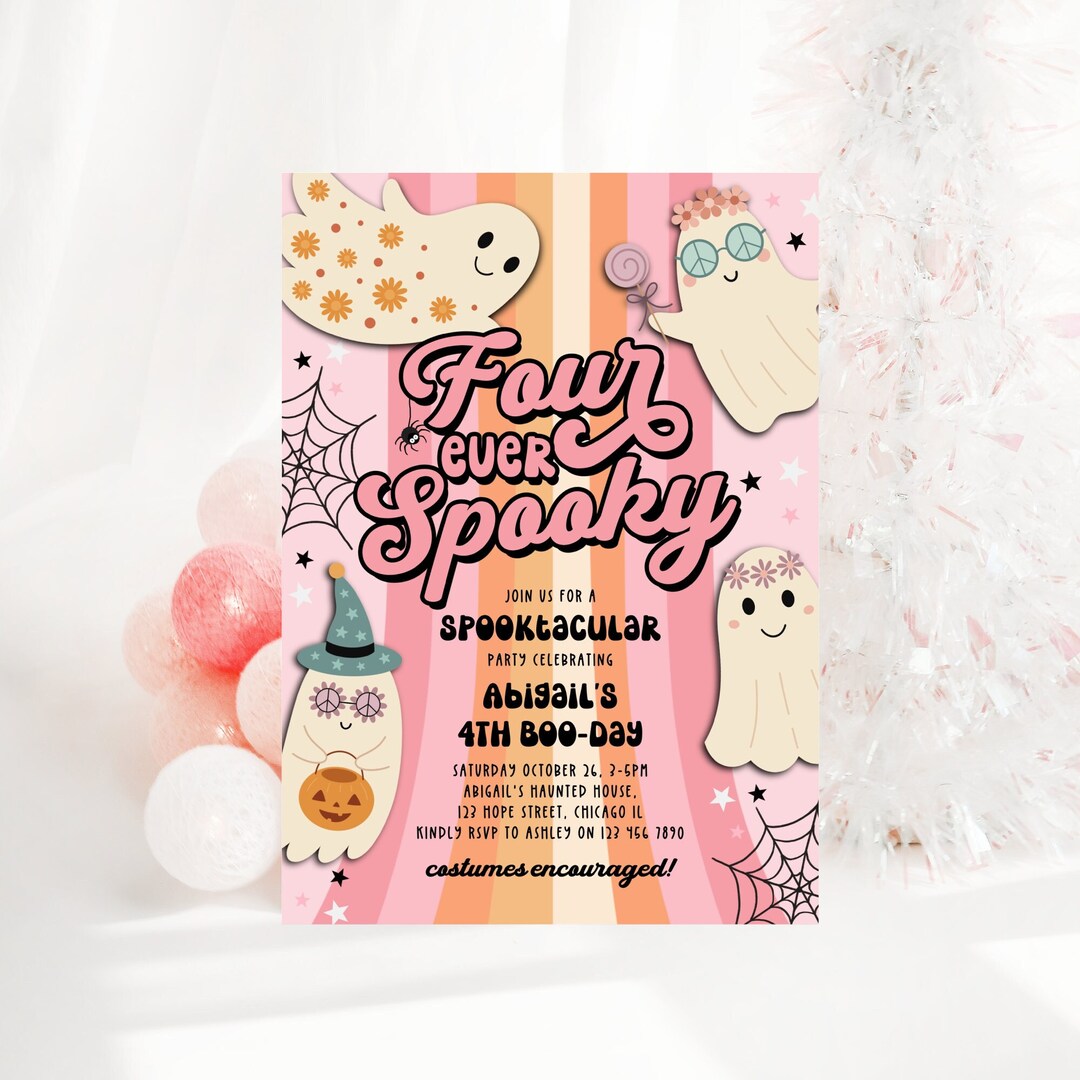 Four Ever Spooky Birthday, Printable 4th Birthday Retro Halloween ...