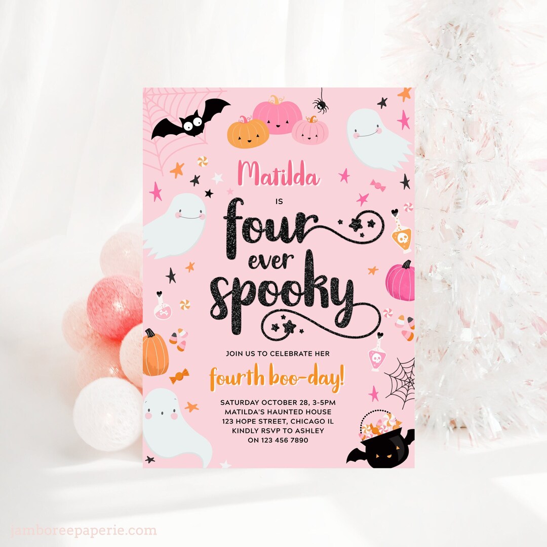 Four Ever Spooky Halloween 4th Birthday Invitation Cute Spooky Ghost ...