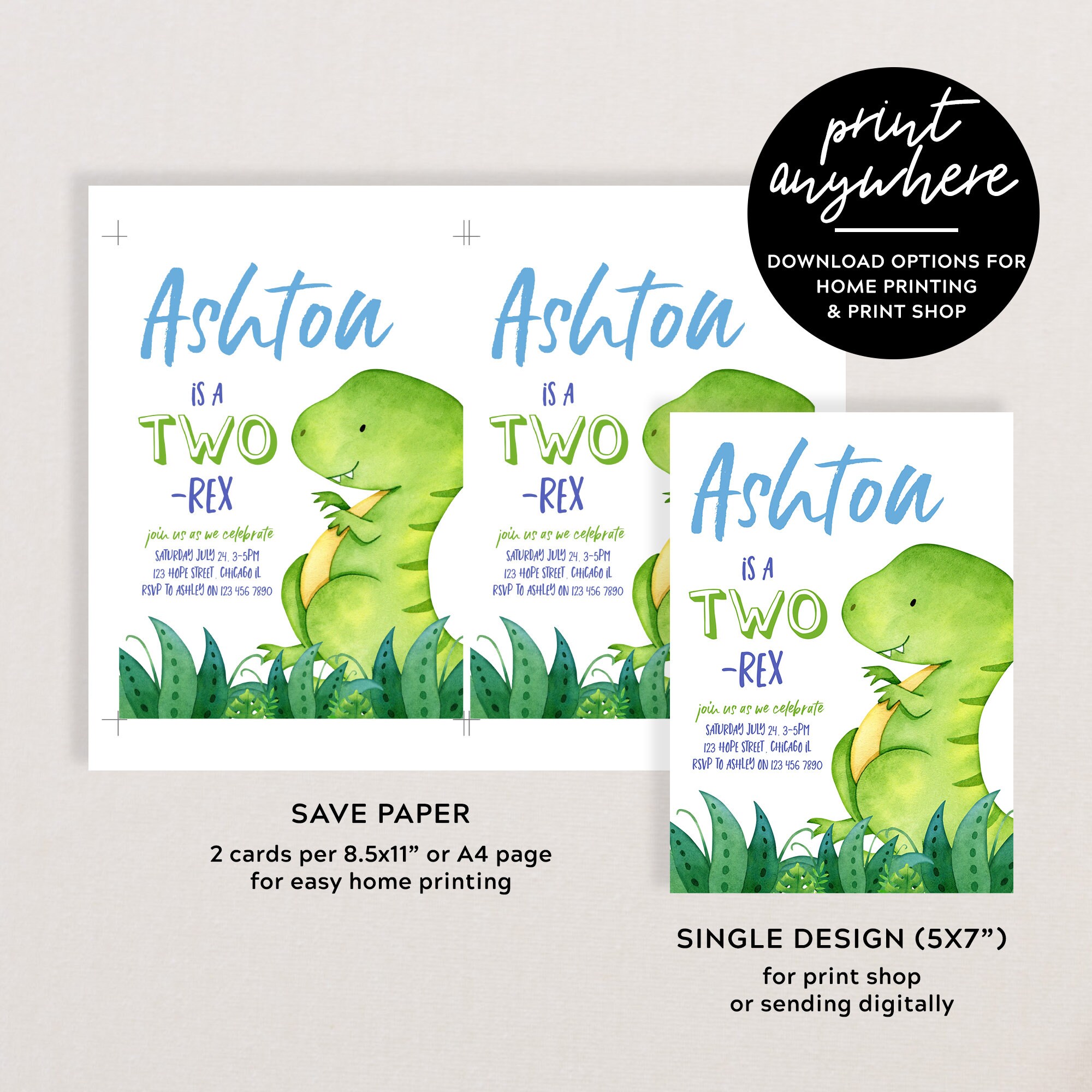 Dinosaur Two Rex 2nd Birthday Invitation Template Printable - Etsy