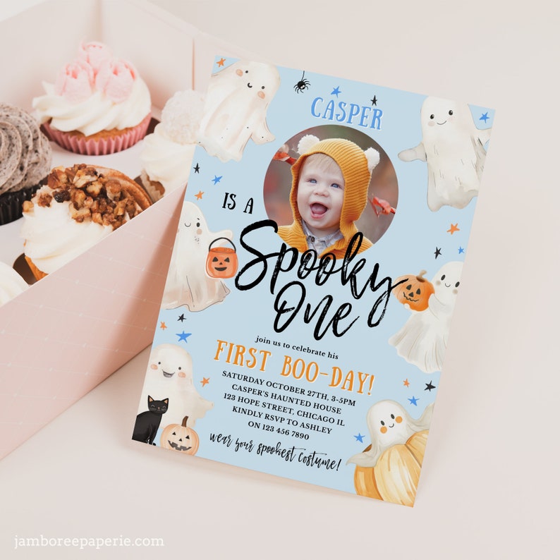 Spooky One 1st Birthday Photo Invitation Editable Blue Halloween ...
