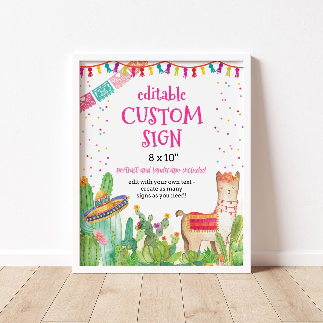 Editable Custom Sign First Fiesta Birthday Party Signage Cactus Llama ...