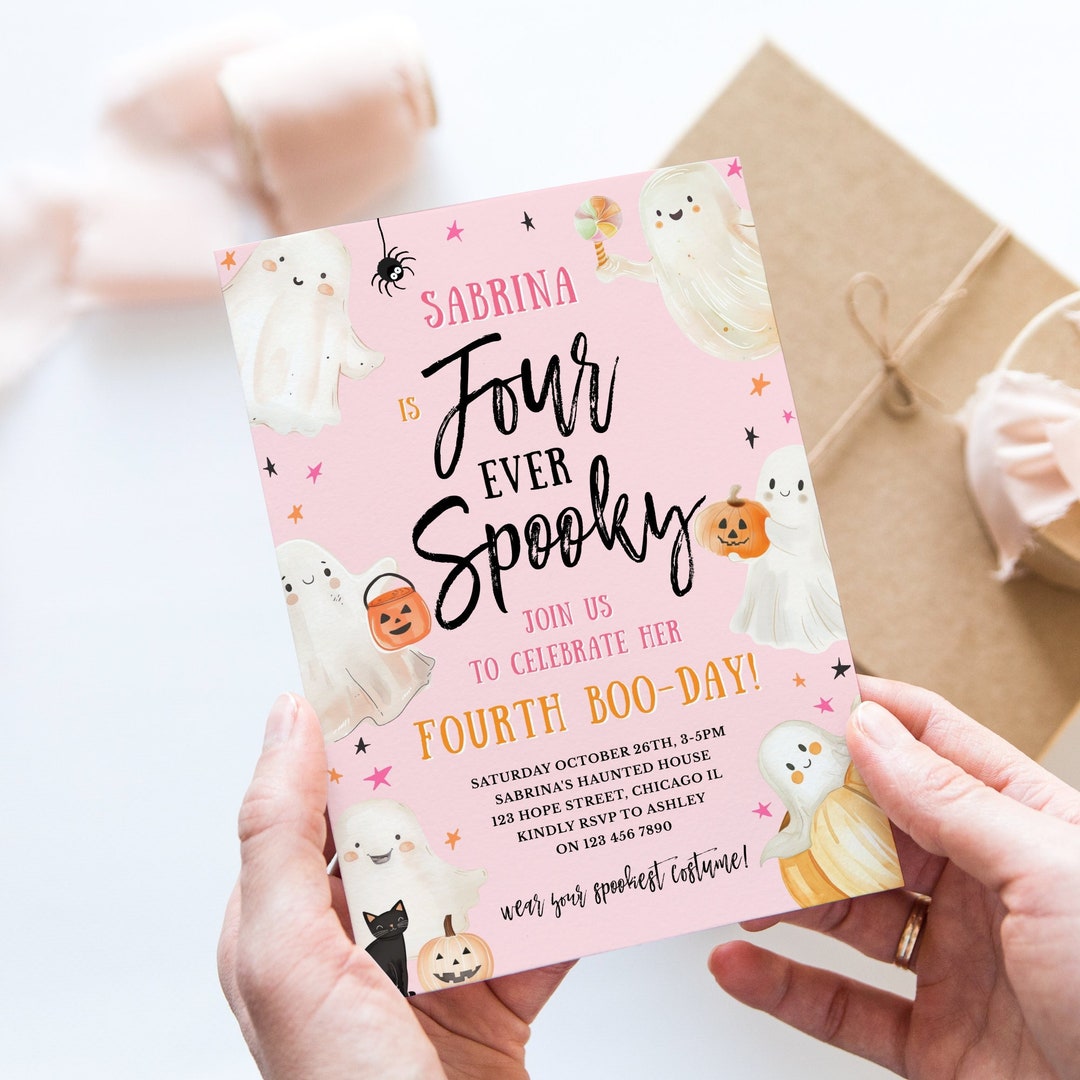 Four Ever Spooky Invite Fourth Birthday Halloween Invite Cute Pink ...