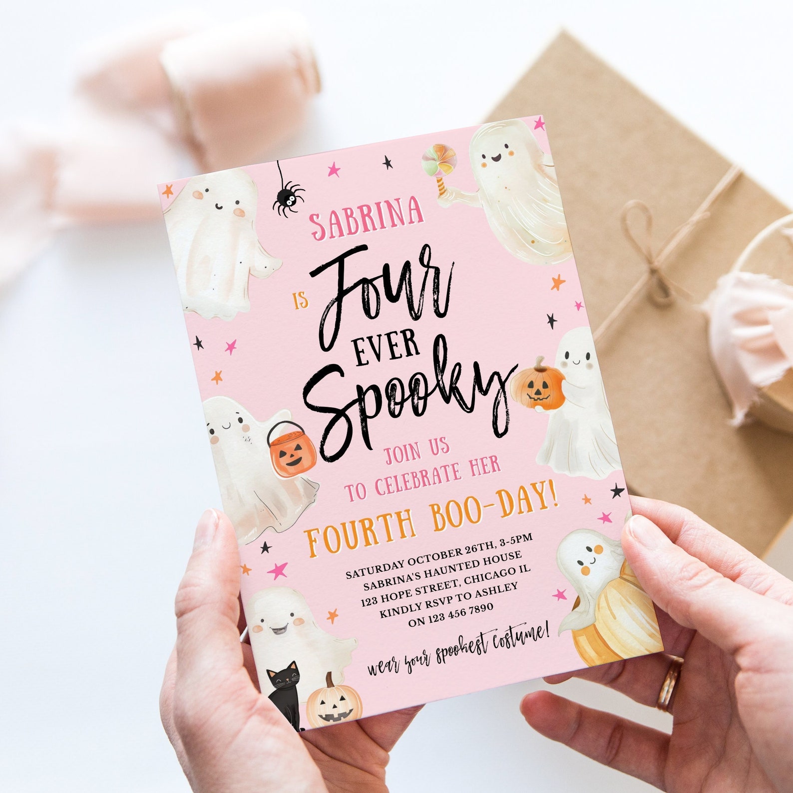 Four Ever Spooky Invite Fourth Birthday Halloween Invite Cute Pink ...