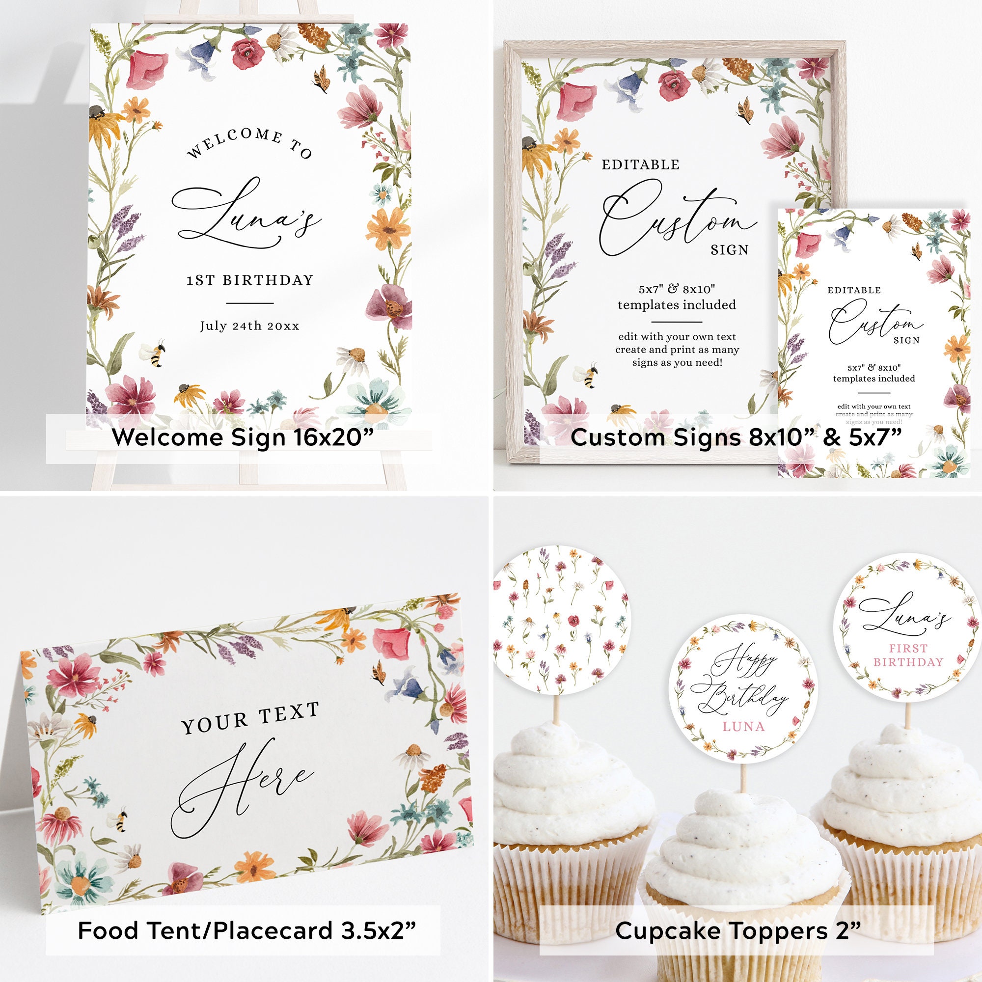 Editable Wildflower Birthday Bundle Templates Party Pack, Printable ...