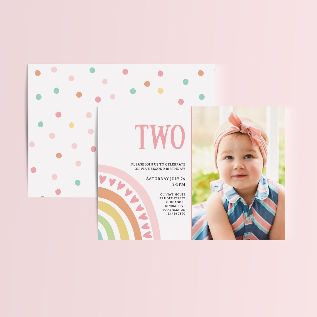 Editable Rainbow Second Birthday Photo Invitation Template Printable ...