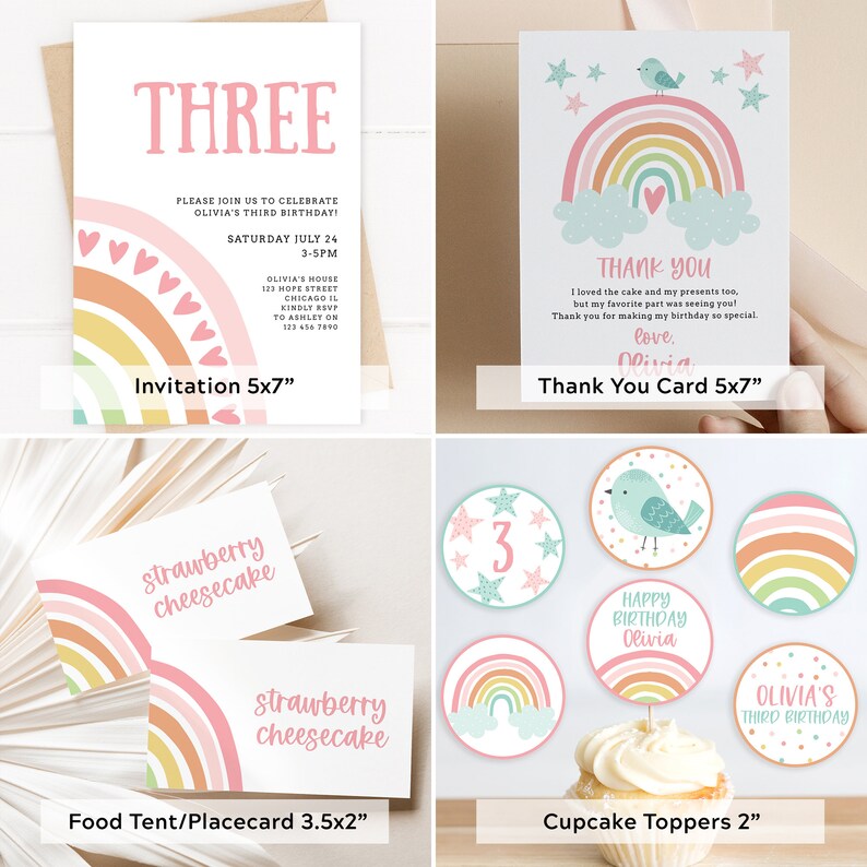Rainbow Birthday Invitation Bundle Templates Printable Boho - Etsy
