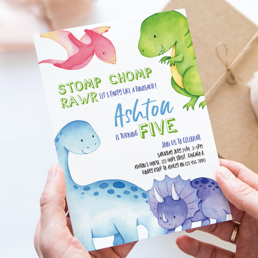 Dinosaur Fifth Birthday Invitation Template, Printable Stomp Chomp Rawr ...