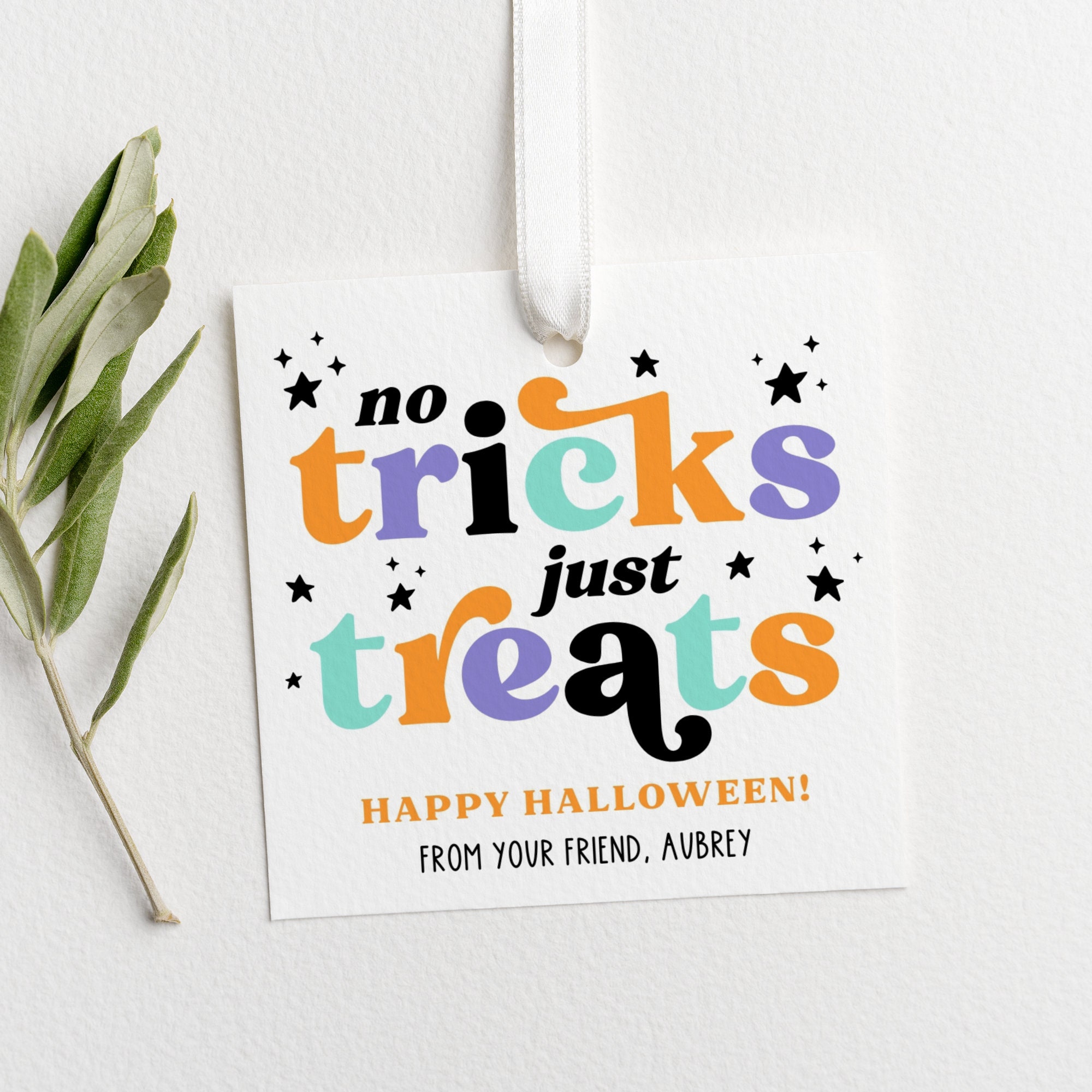 Printable No Tricks Just Treats Tag Happy Halloween Treat Party Bag Tag ...