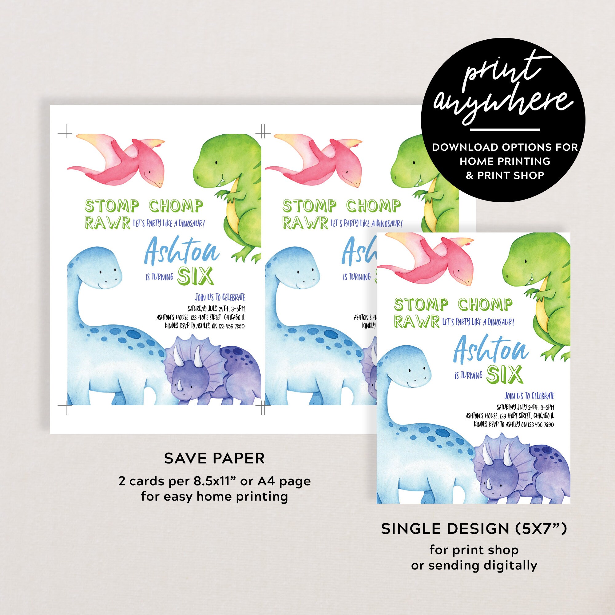 Stomp Chomp Dinosaur 6th Birthday Invitation Template - Etsy