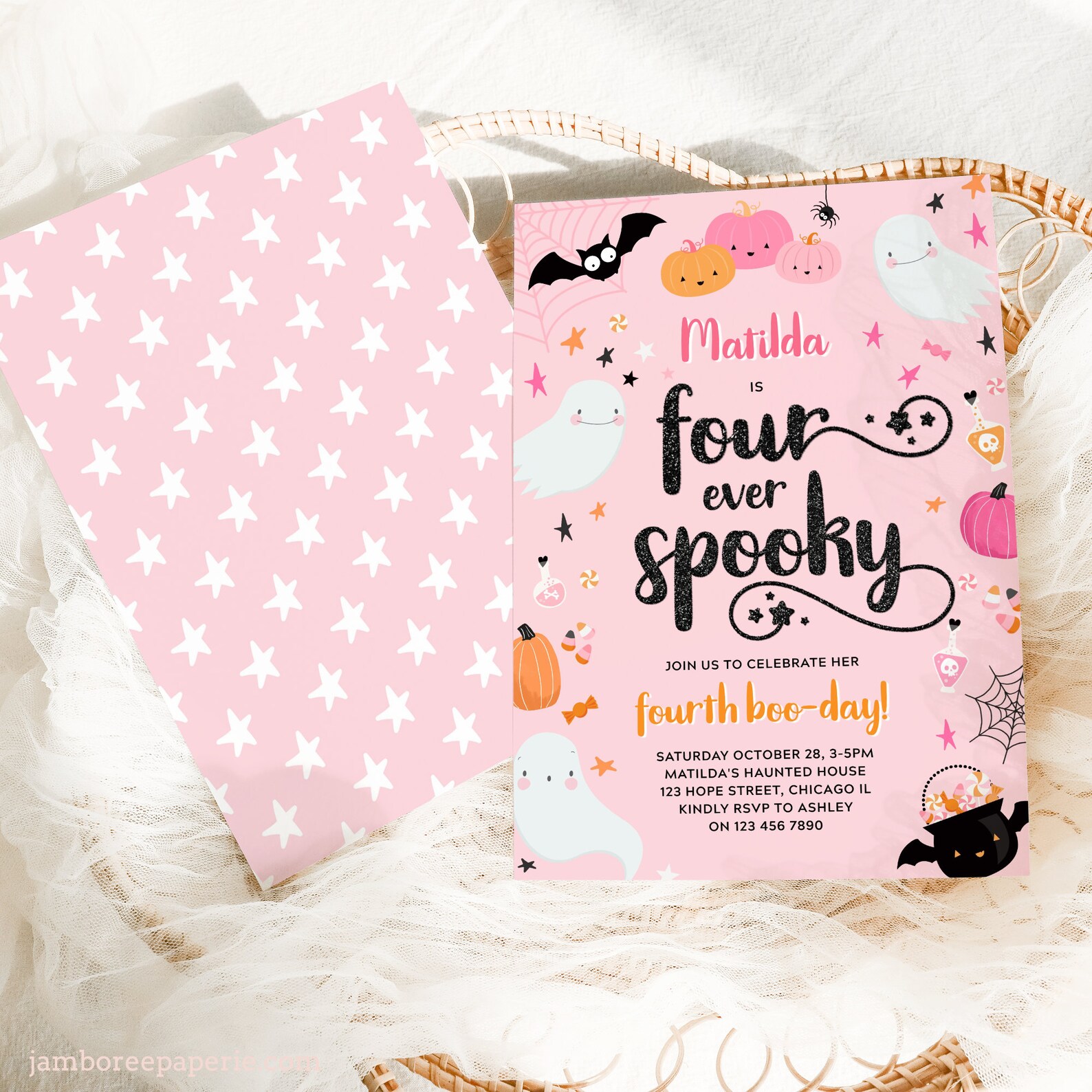 Four Ever Spooky Halloween 4th Birthday Invitation Cute Spooky Ghost ...