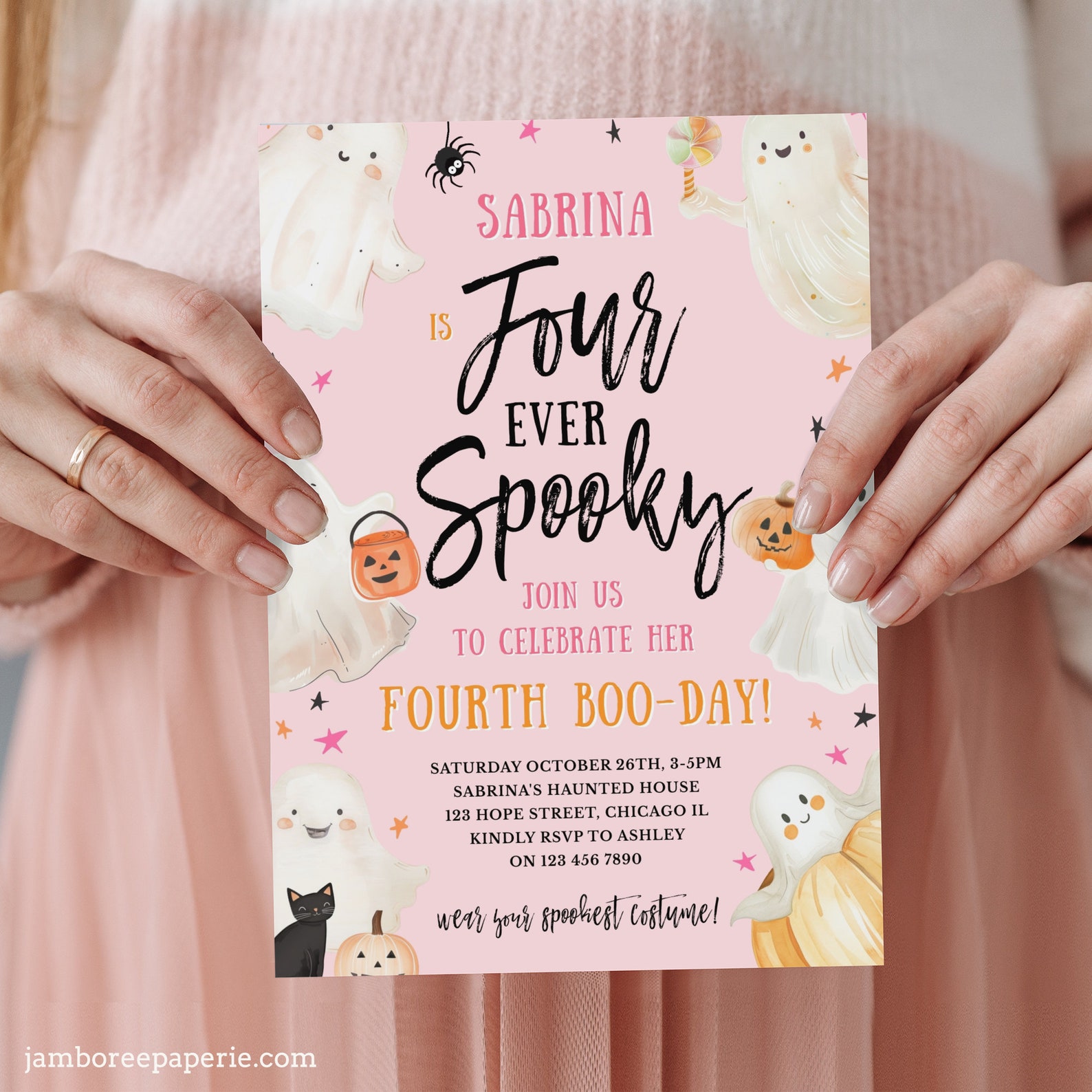 Four Ever Spooky Invite Fourth Birthday Halloween Invite Cute Pink ...
