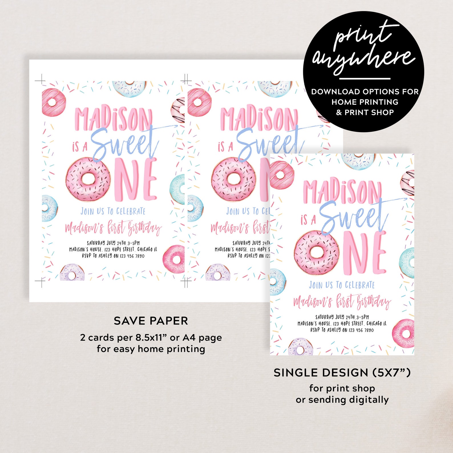 Donut 1st Birthday Party Invitation Template, Printable Sweet One Baby ...