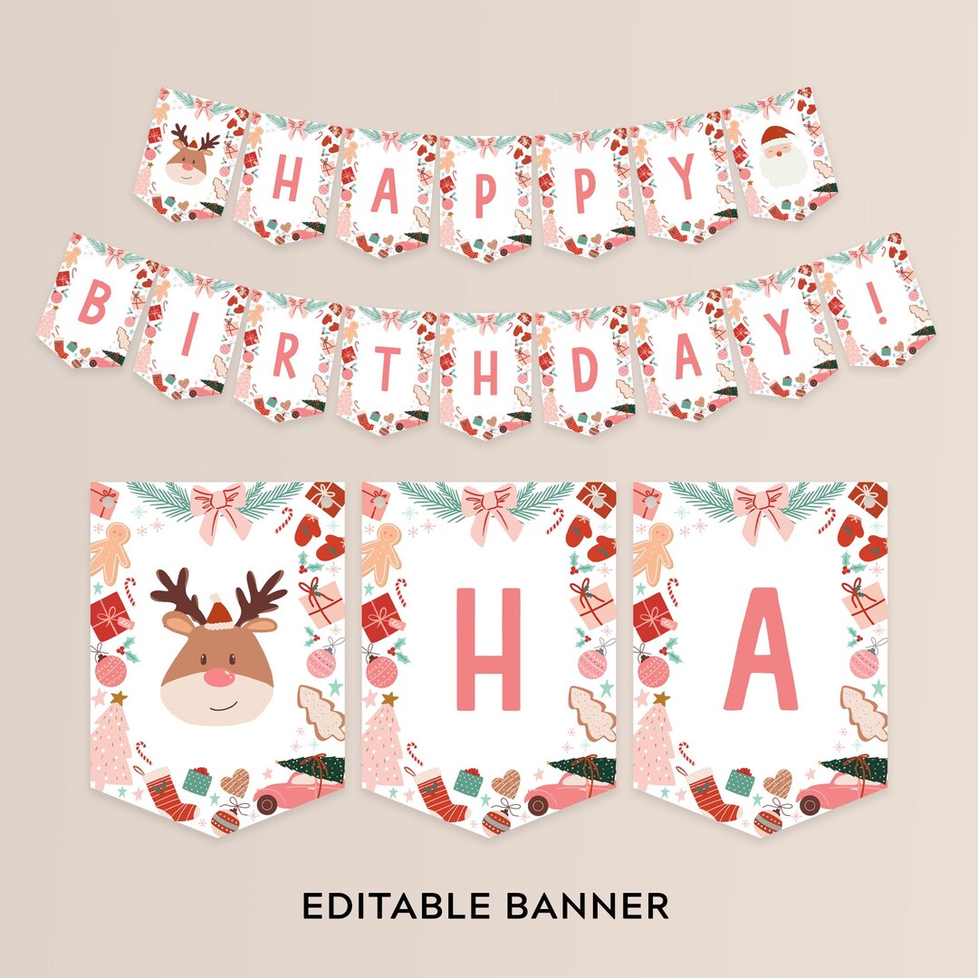 Editable Christmas Birthday Party Happy Birthday A-Z Banner Pink Girl ...
