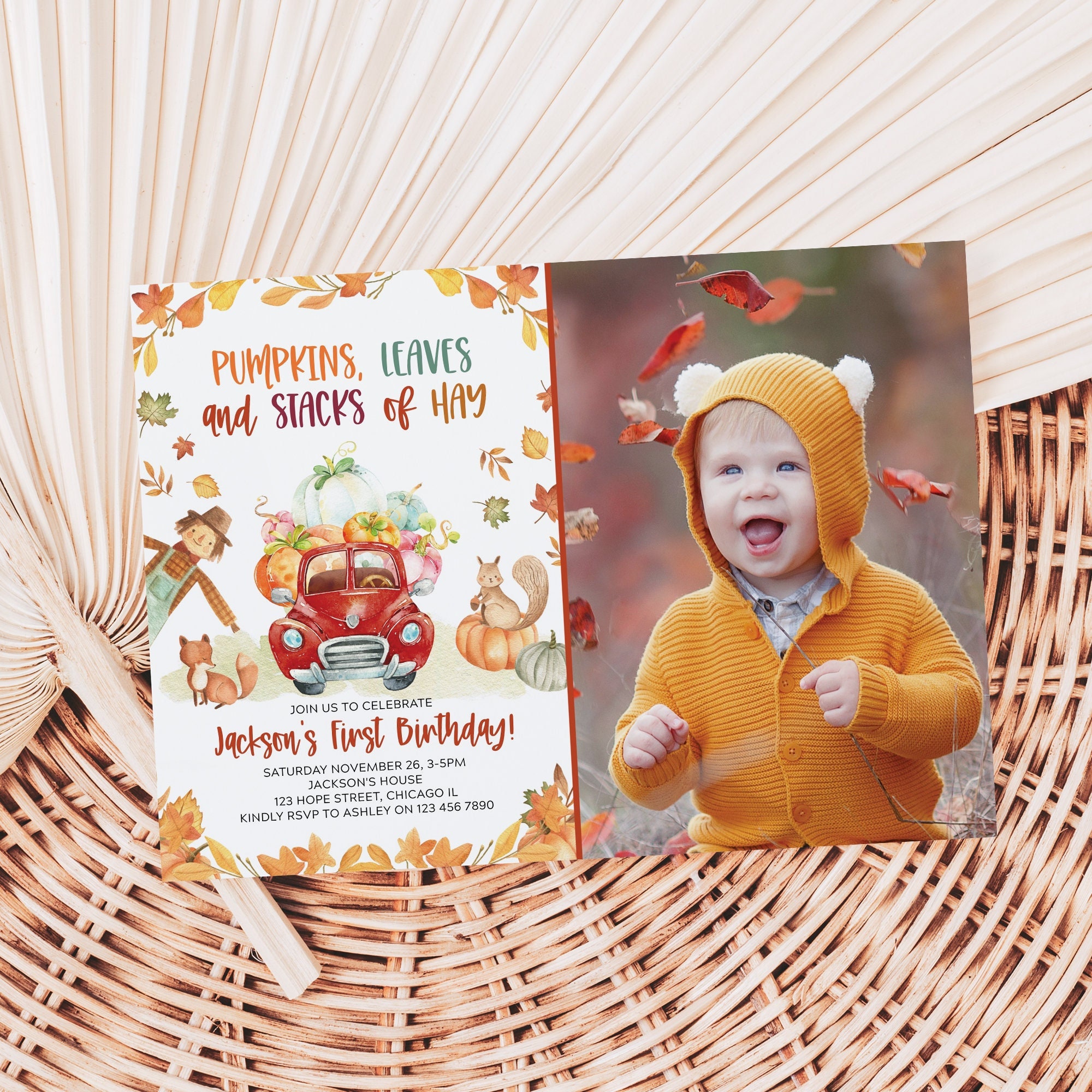 Fall First Birthday Party Photo Invitation Template Pumpkin Truck 1st ...