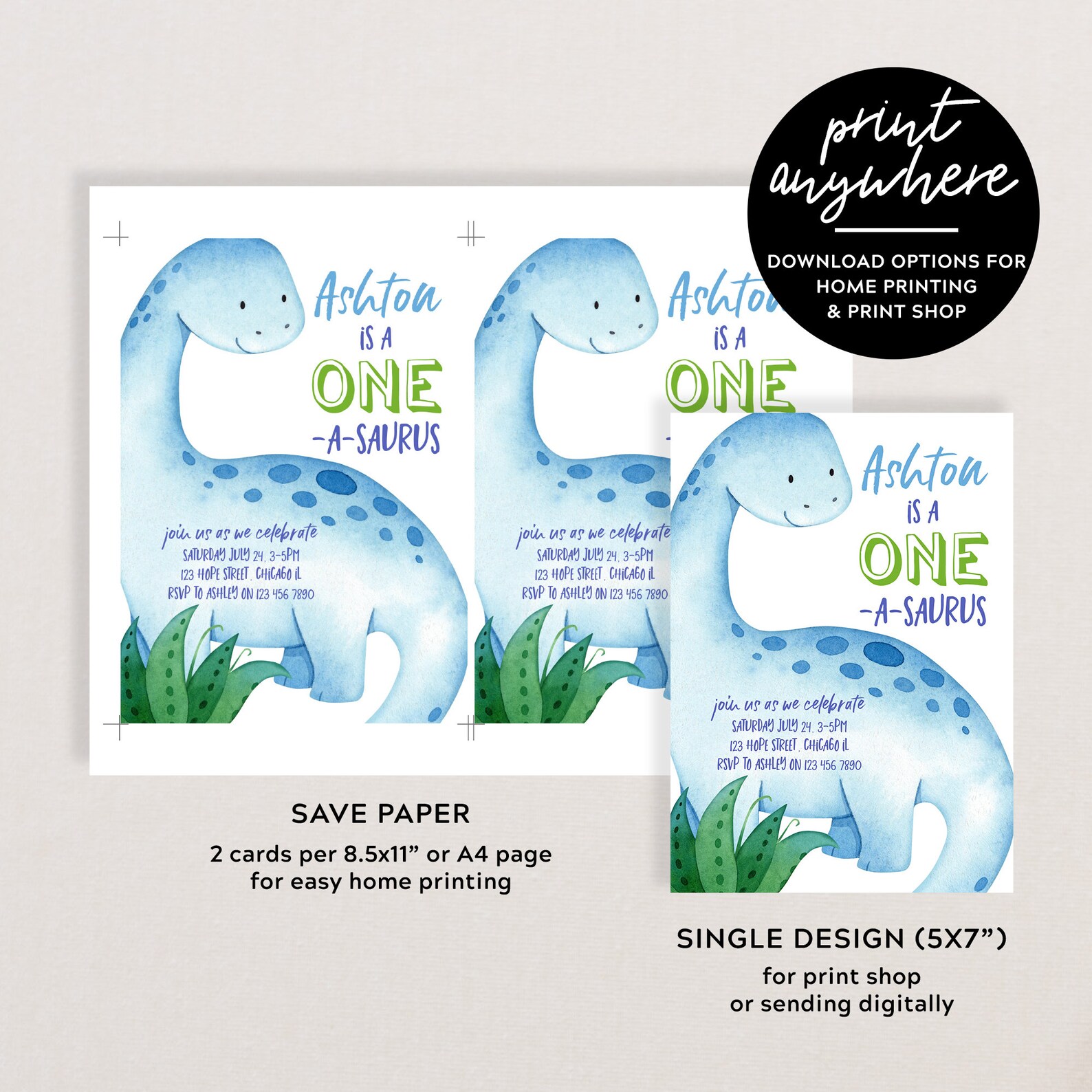 Editable One A Saurus First Birthday Invitation Template Boy Printable ...