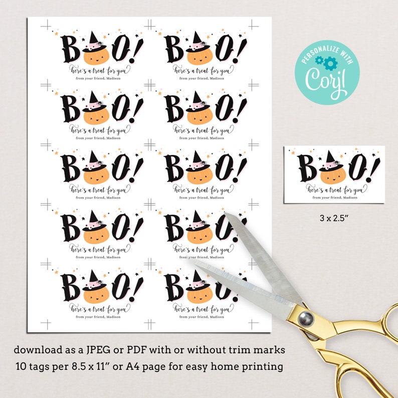 Printable Halloween Treat Tag, Boo Heres a Treat for You Trick or Treat ...