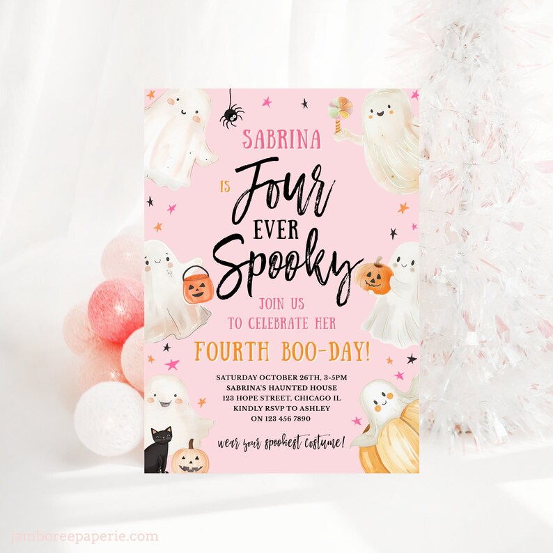 Four Ever Spooky Invite Fourth Birthday Halloween Invite Cute Pink ...