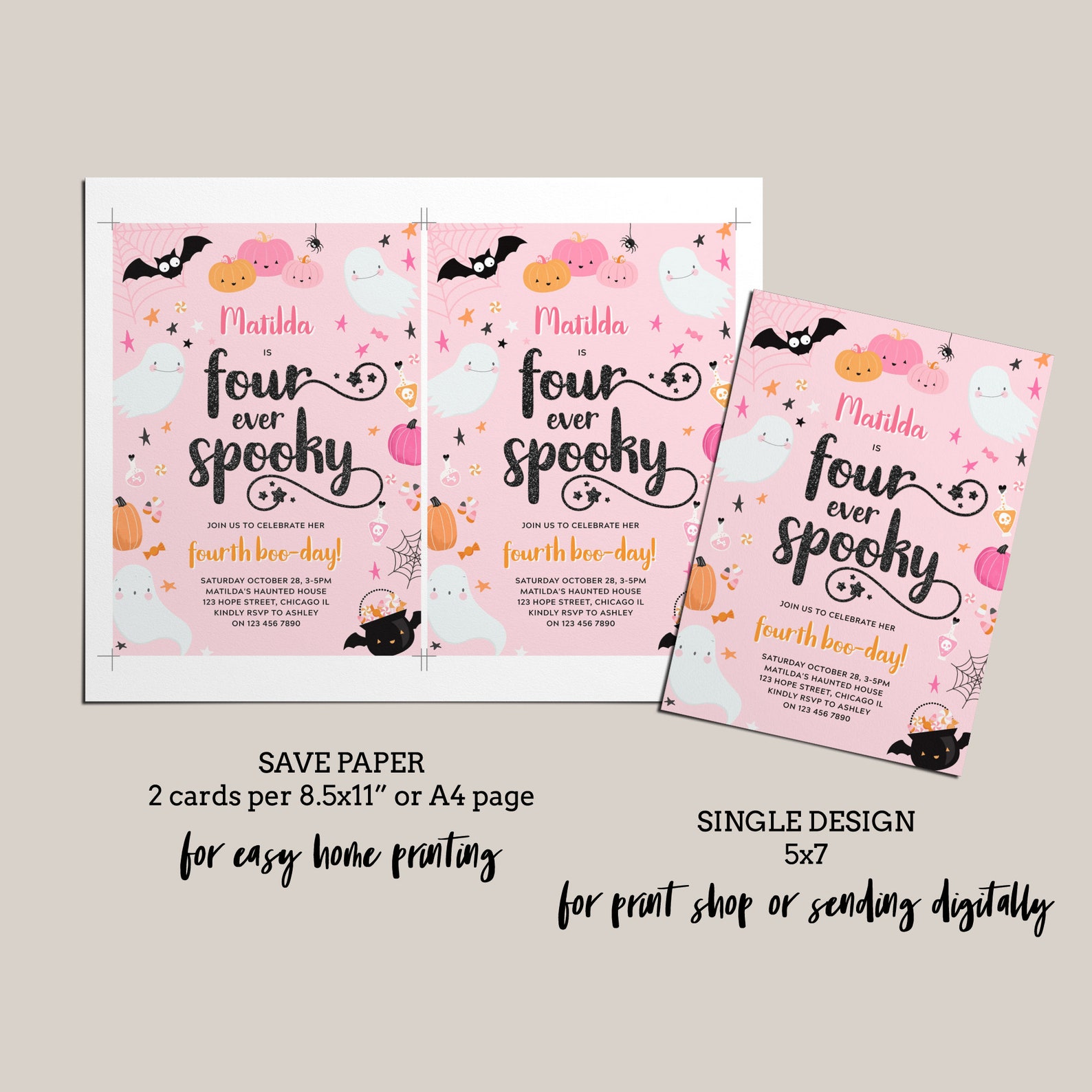 Four Ever Spooky Halloween 4th Birthday Invitation Cute Spooky Ghost ...